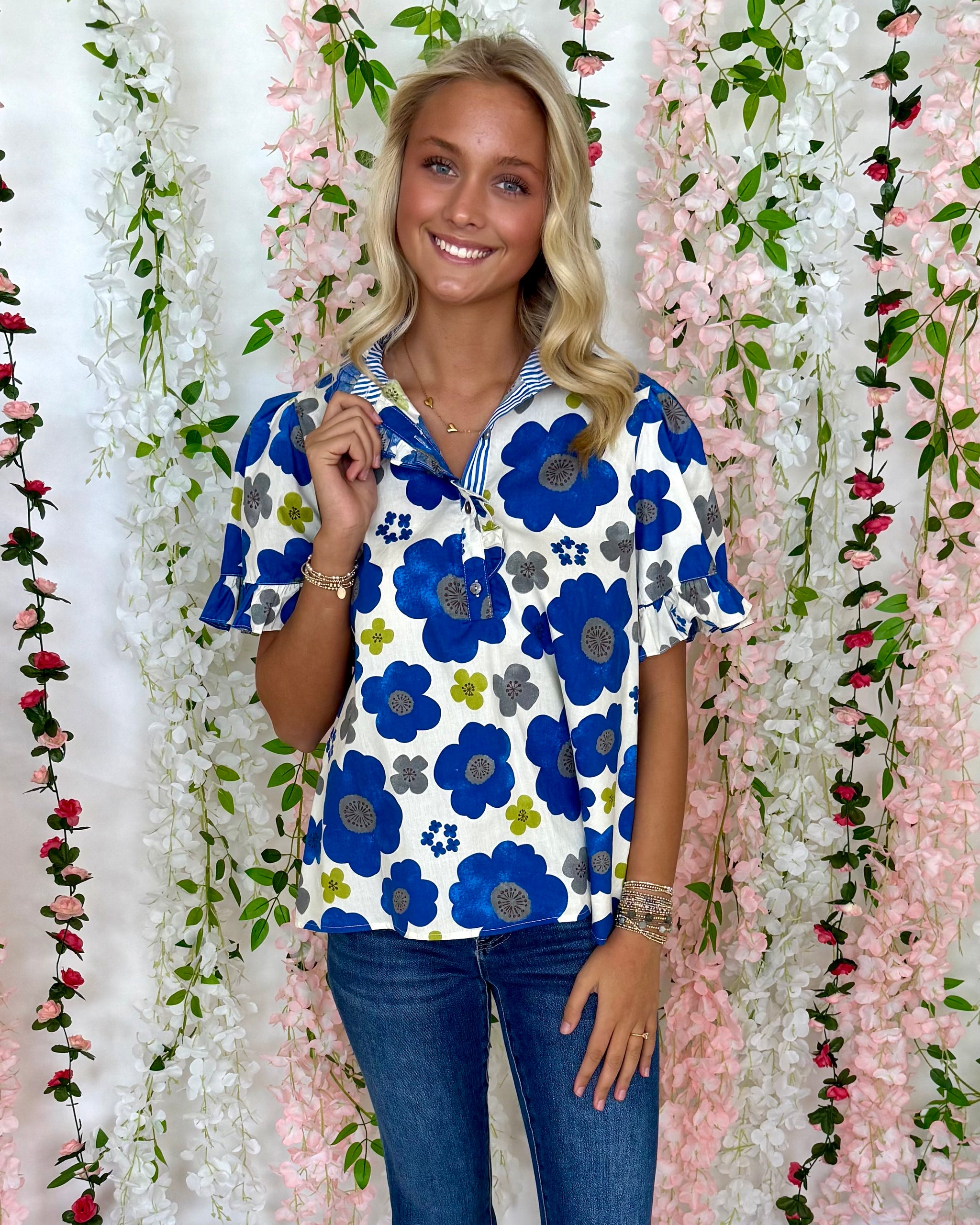 Keep It Brief Blue Floral Ruffle Top